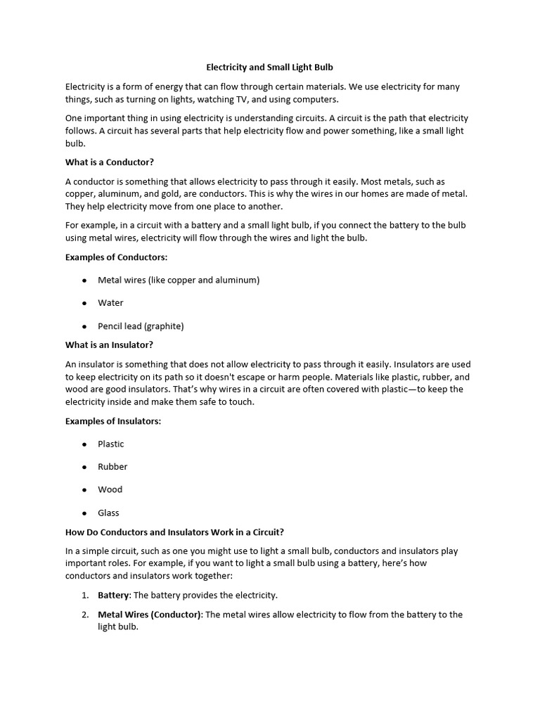 Electricity and Small Light Bulb Grade 3 | PDF | Insulator (Electricity ...