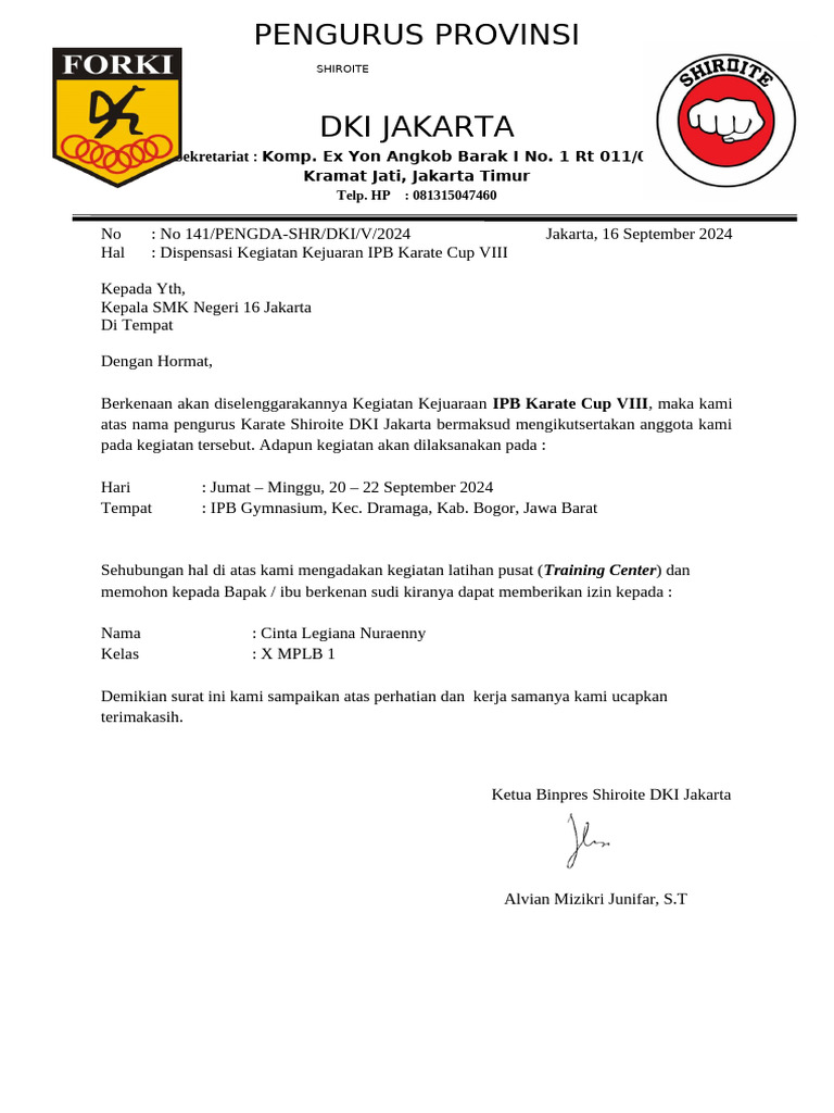 Surat Pemberitahuan Kejuaraan Dan Dispensasi | PDF