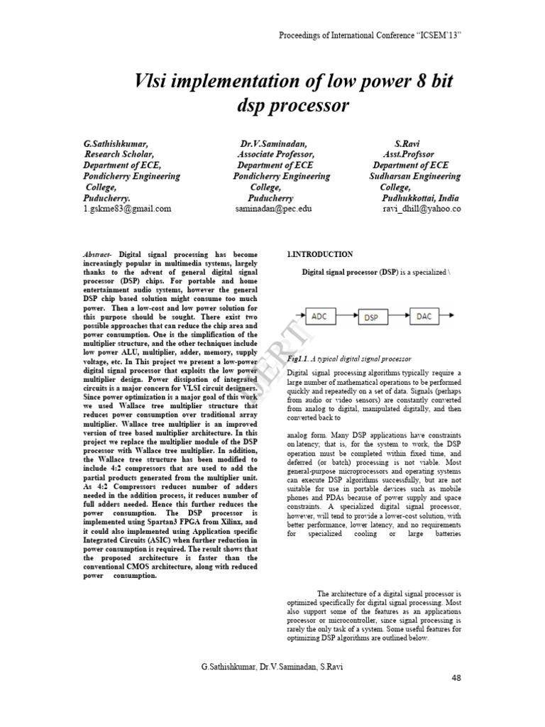 Vlsi Implementation of Low Power 8 Bit DSP Processor IJERTCONV1IS06078 | PDF | Digital Signal ...