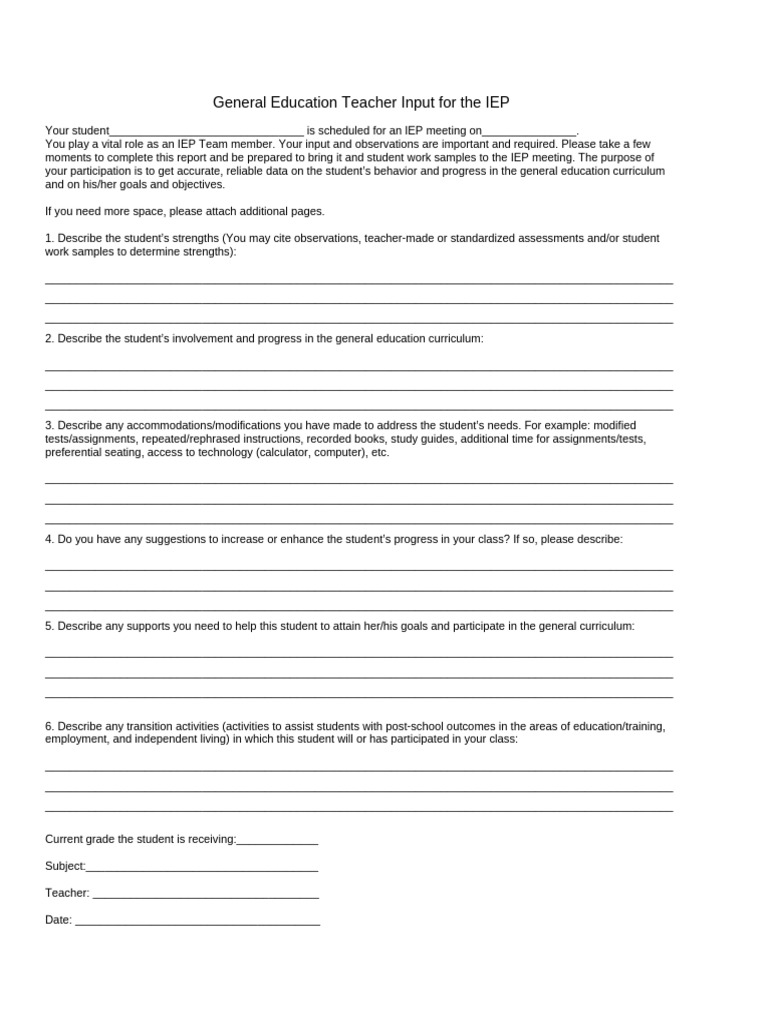 IEP Input Form for General Education Teachers | PDF | Individualized ...