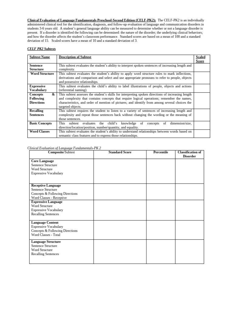 CELF-PK2 Language Assessment Tool | PDF | Word | Vocabulary