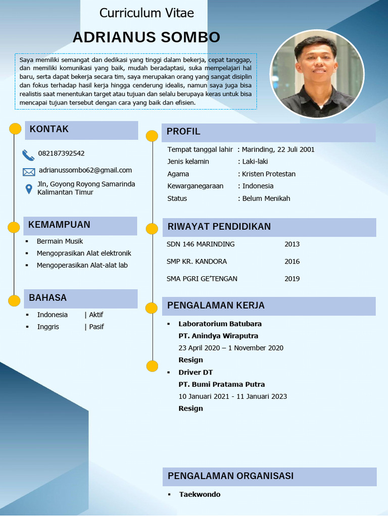CV Adrianus Sombo: Pendidikan & Pengalaman | PDF