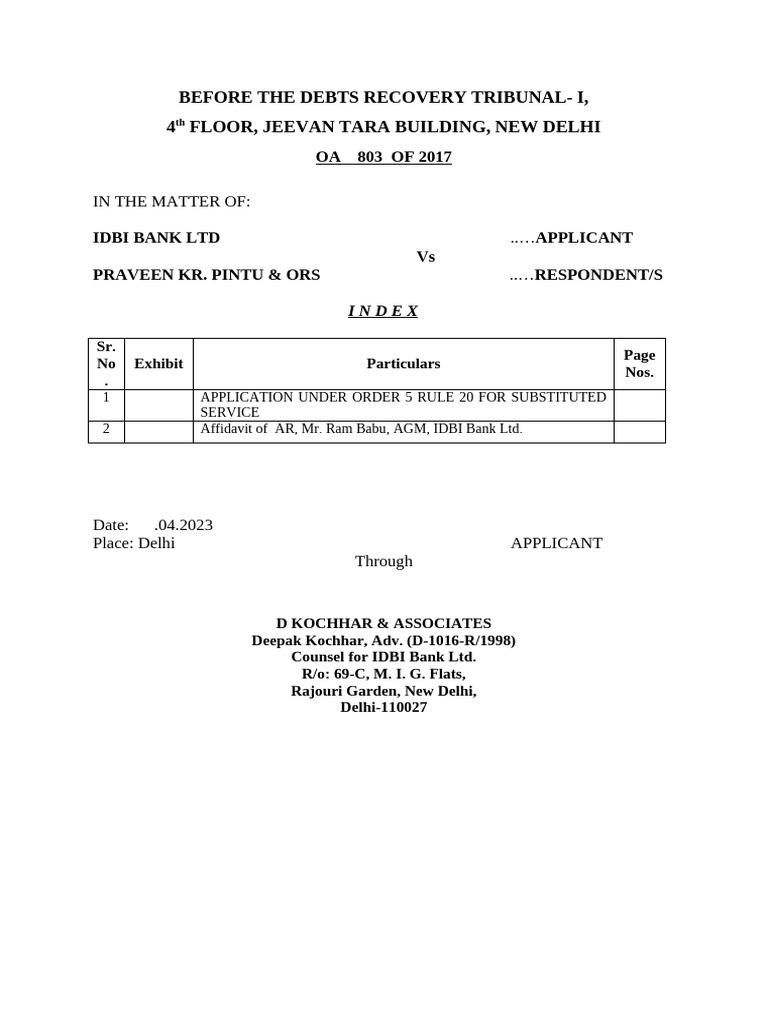 IDBI Bank Substituted Service Application | PDF | Affidavit | Justice