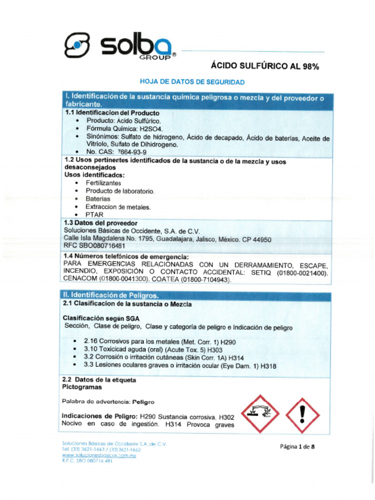 Acido Sulfurico Al 98% | PDF