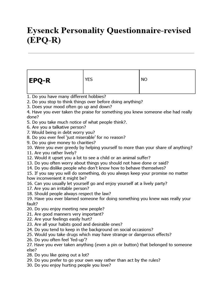 Eysenck Personality Questionnaire (EPQ-R) | PDF