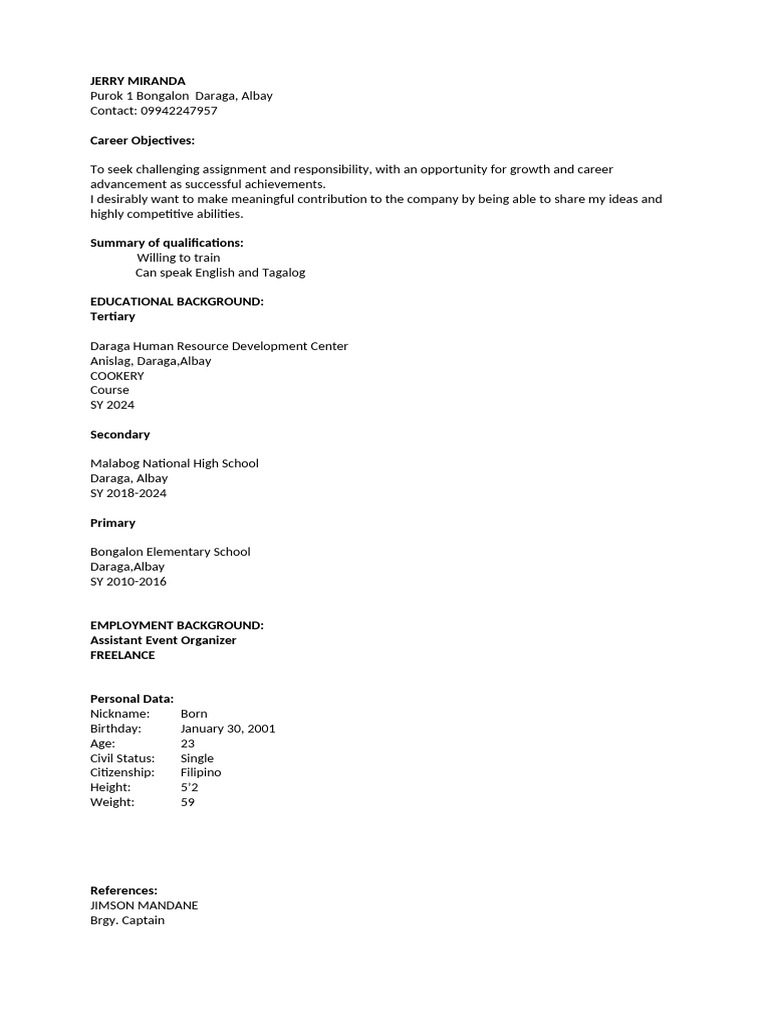 Jerry Miranda's Resume and Career Goals | PDF