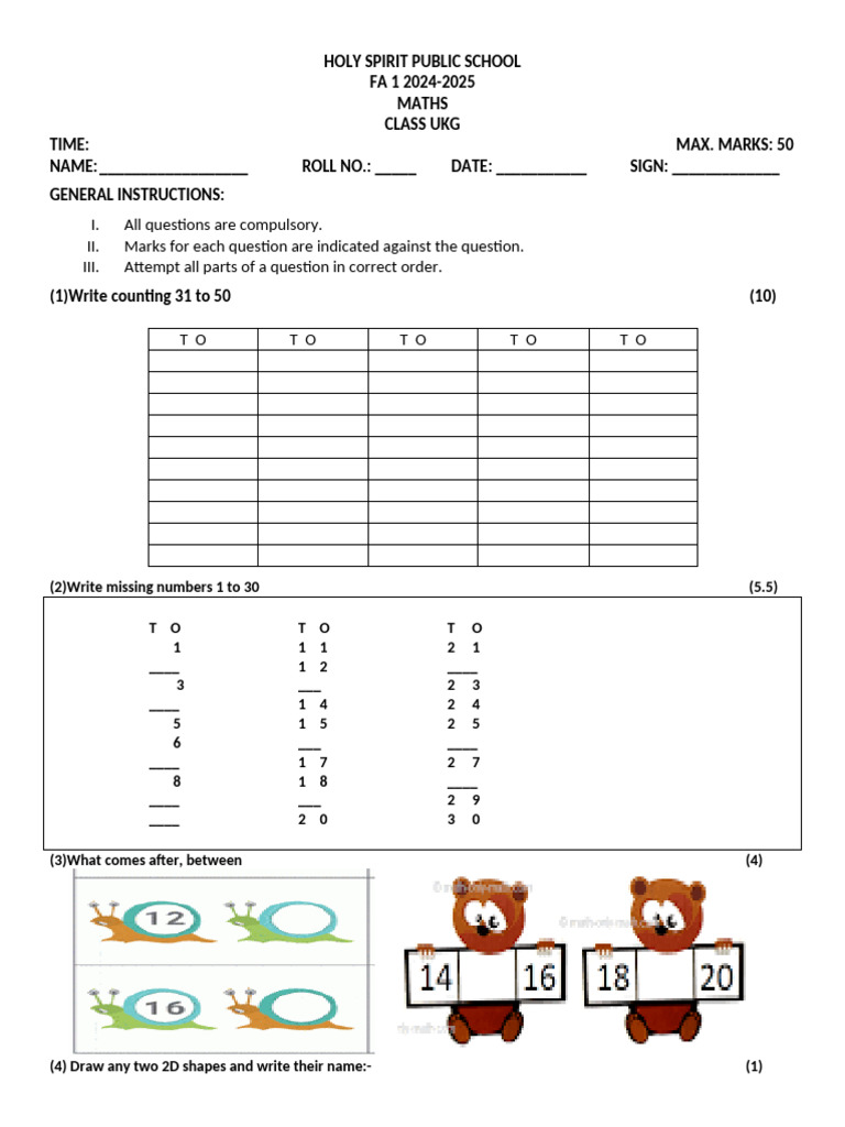 UKG Maths FA1 Exam 2024-2025 | PDF