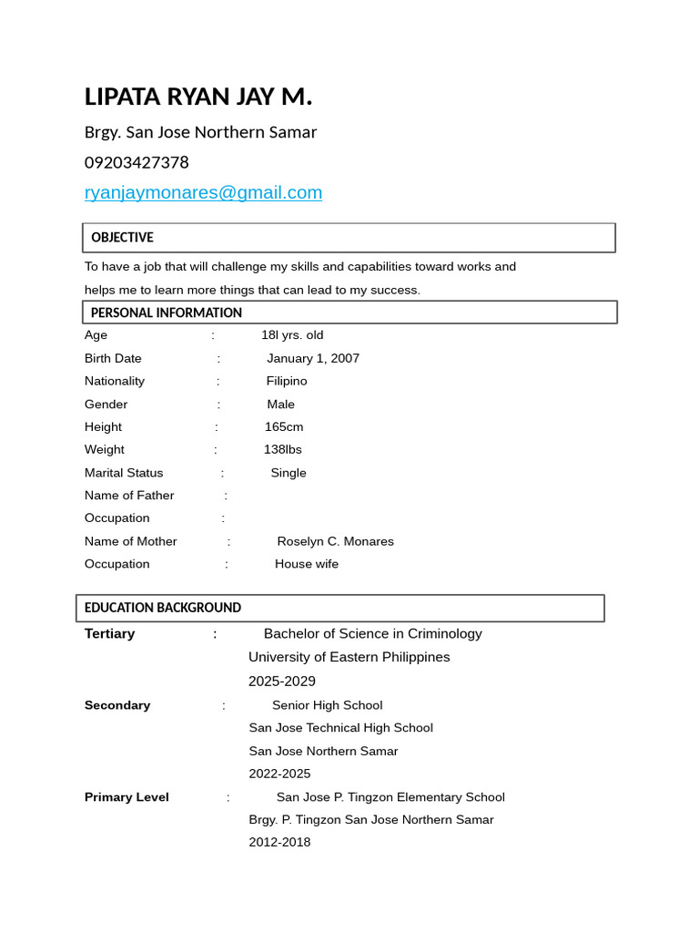 Application and Resume for Work Immersion-1 | PDF