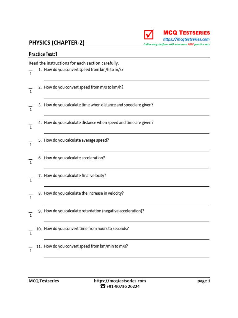 Class-9 Physics CH-2 Question | PDF | Speed | Acceleration