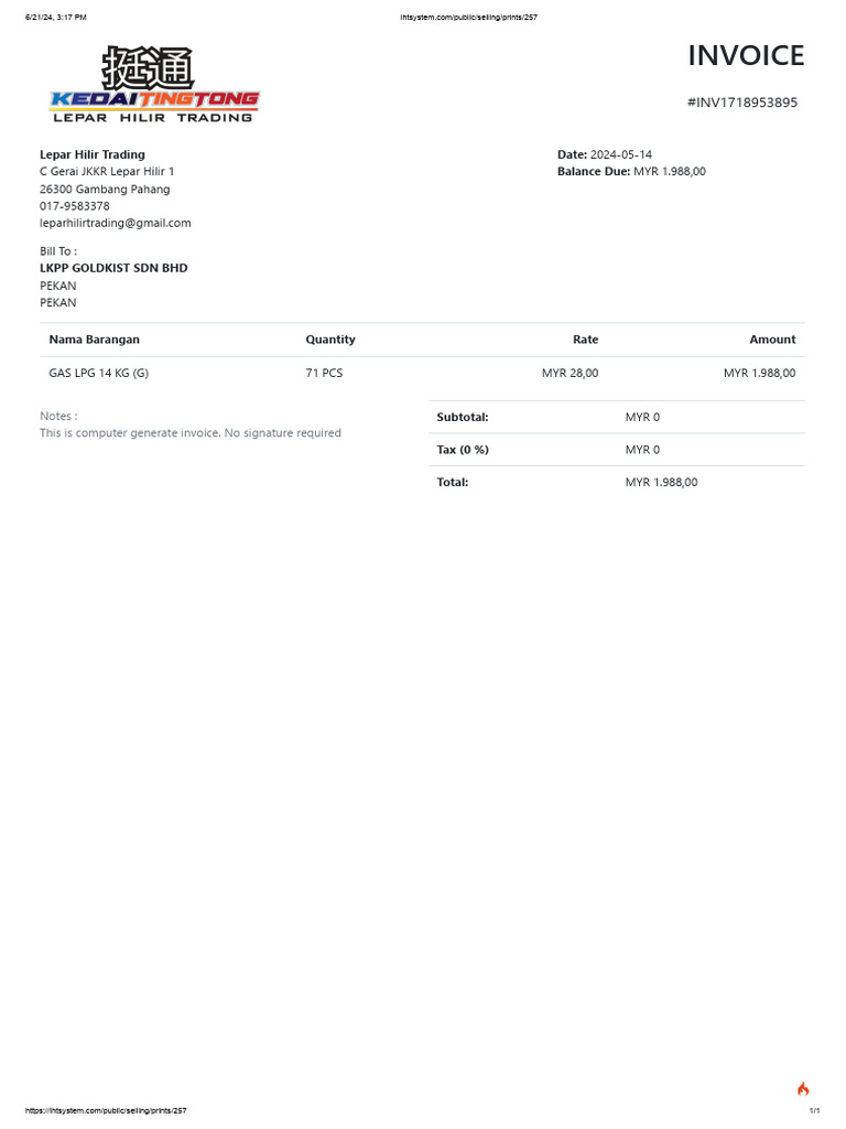 Invoice for LPG Gas Supply - May 2024 | PDF
