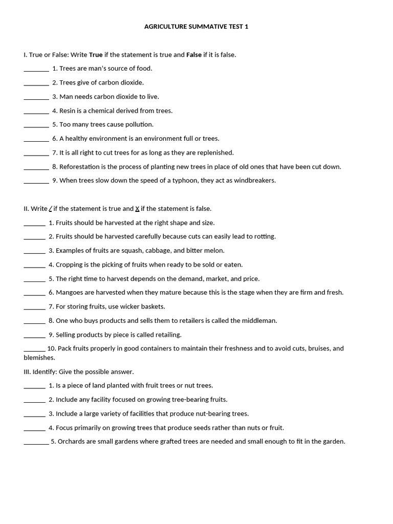 Agriculture Summative Test 1 | PDF | Trees | Fruit