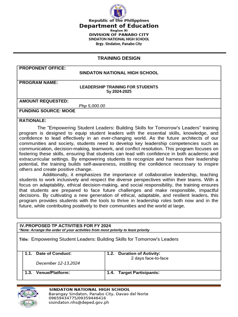 Leadership Activity-Design School-Based 2024-2025 | PDF | Mentorship ...