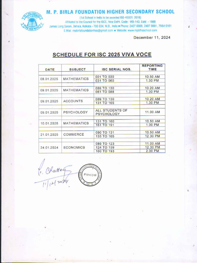 ISC 2025 - Schedule For Viva Voce - 11.12.24 | PDF