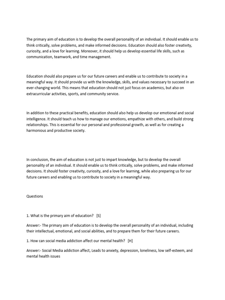 The Primary Aim of Education Is To Develop The Overall Personality of ...