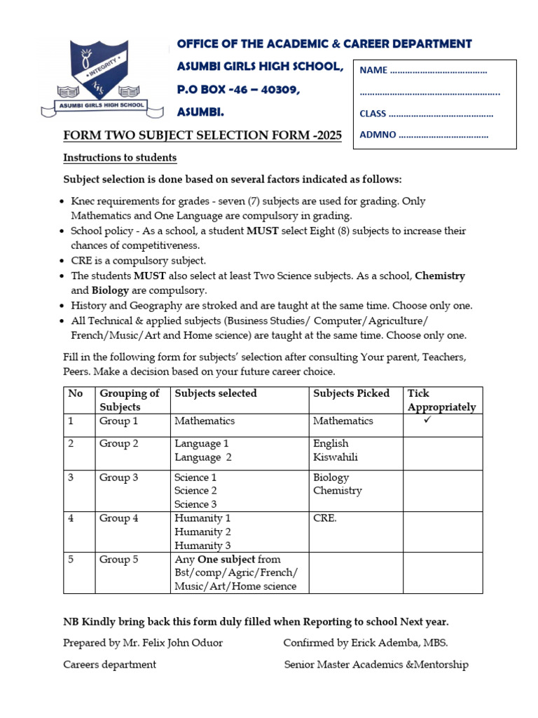 Form Two Subject Selection 2025 | PDF