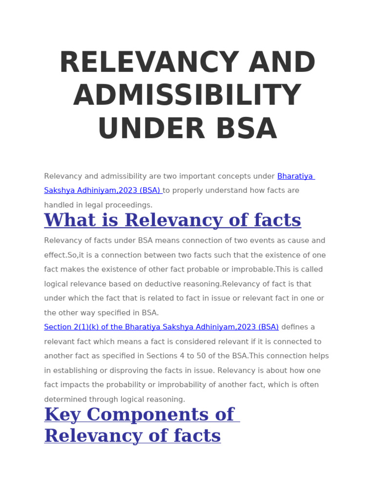 Relevancy and Admissibility Under Bsa | PDF | Evidence (Law ...