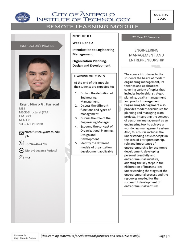 Engineering Management Module Overview | PDF | Entrepreneurship | Cognition