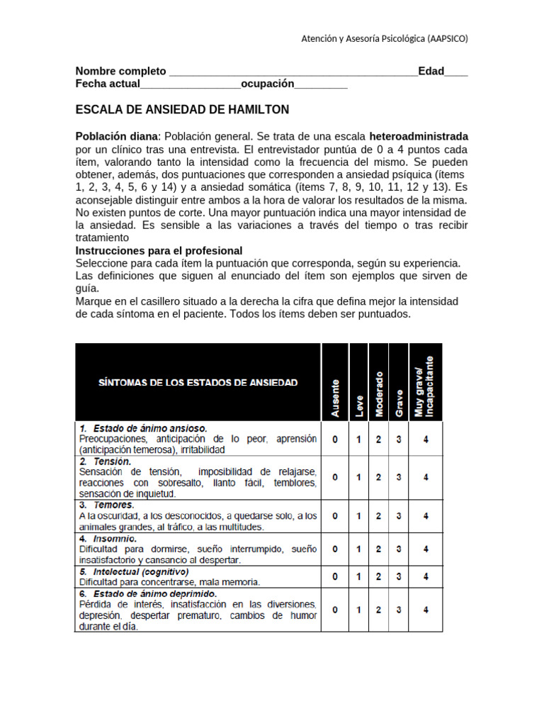 Escala de Ansiedad de Hamilton | PDF