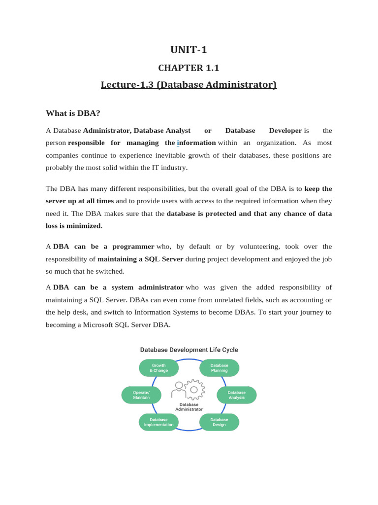 Notes Chapter 1.1 Lecture 1.3 (Database Administrator) | PDF ...