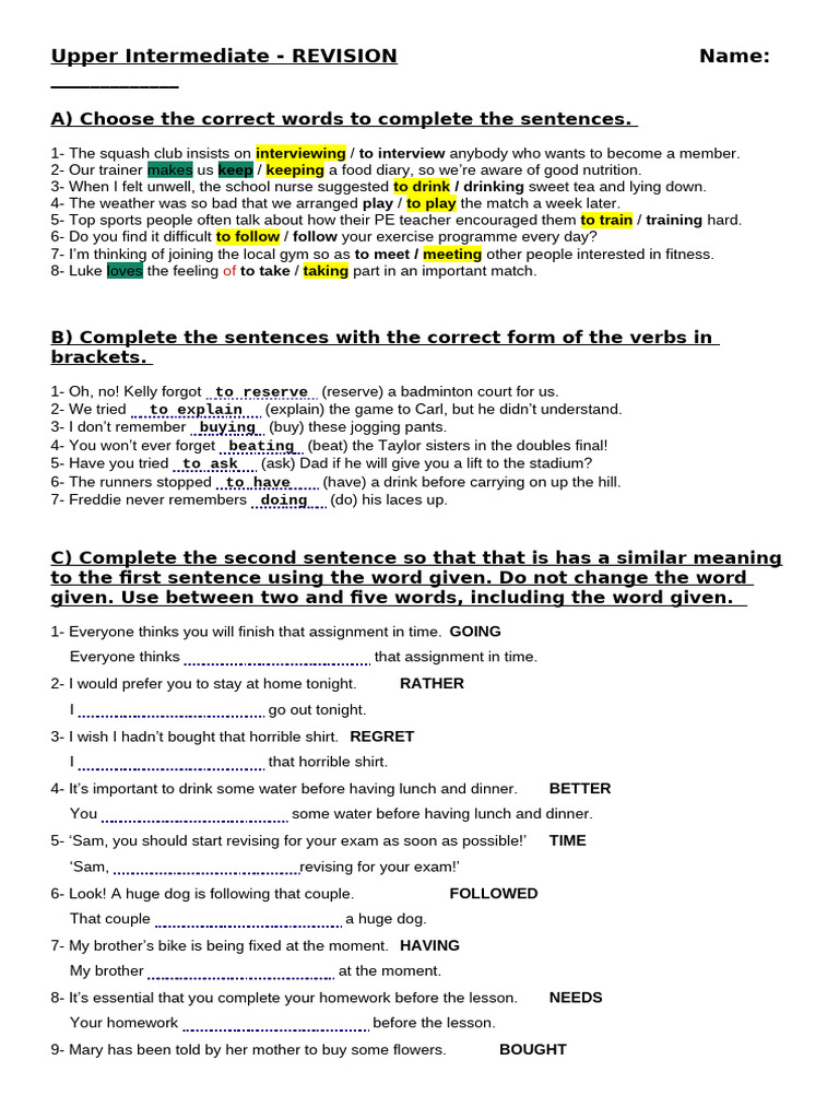 Revision Verb Patterns Transformation Upperinterme Grammar Drills ...