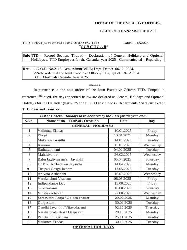 TTD Holidays Calendar 2025 | PDF | Religious Festivals | Religious Holidays