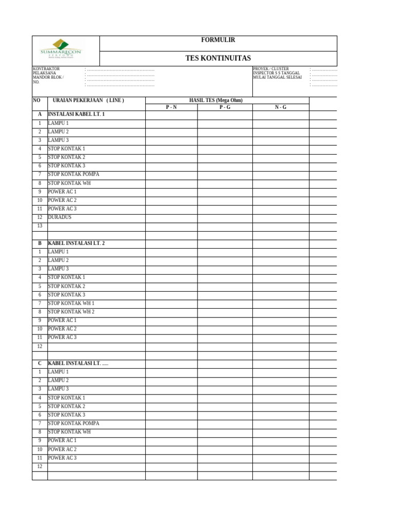 Formulir Tes Kontinuitas Instalasi | PDF