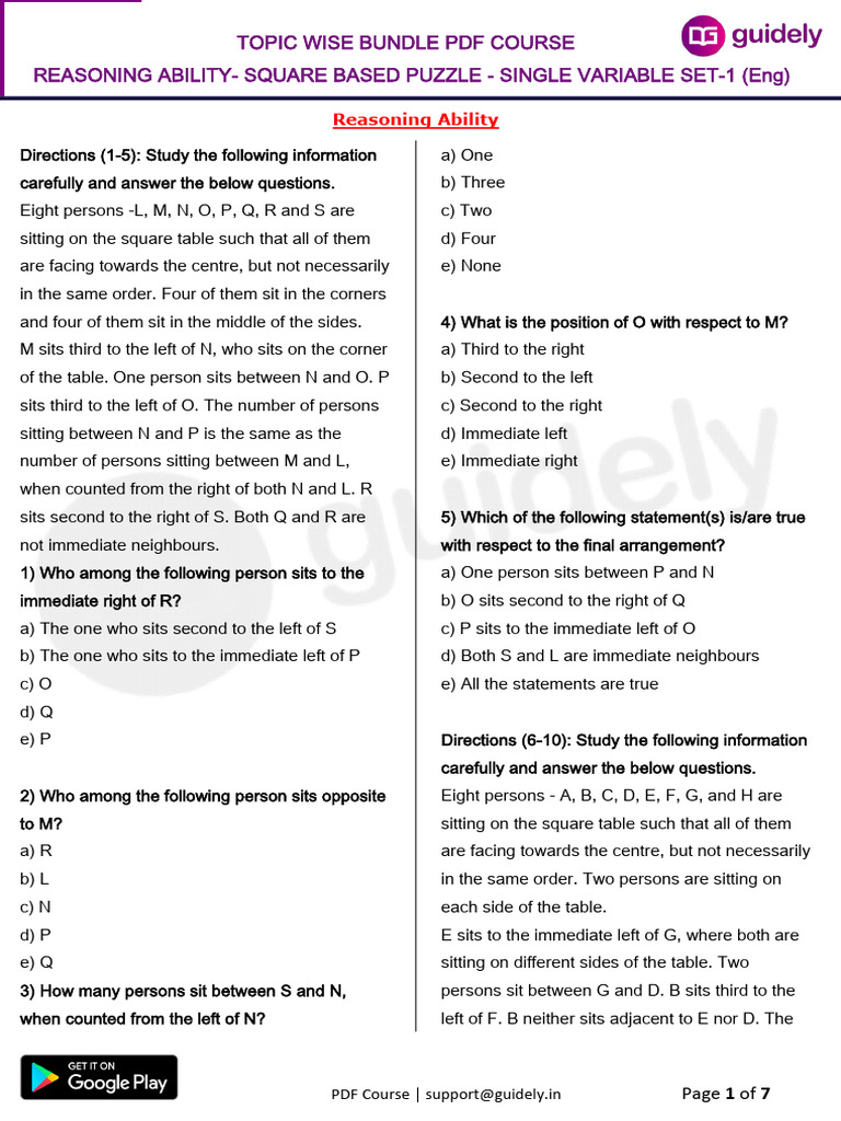 Reasoning Ability Square Puzzle PDF | PDF