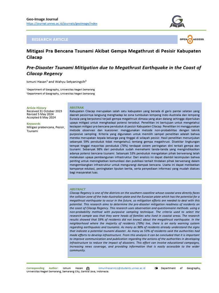 Mitigasi Pra Bencana Tsunami Akibat Gempa Megathrust Di Pesisir Kabupaten Cilacap-1 | PDF