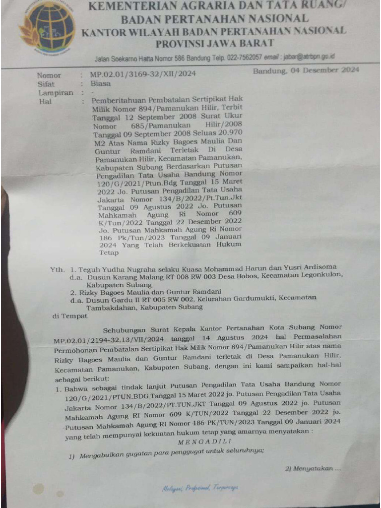 Surat Kanwil Pembatalan SHM 894 | PDF Surat Kanwil Pembatalan SHM 894 | PDF
