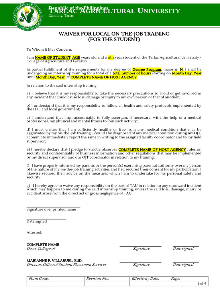 Revised TAU Waiver Form OJT Local 1 2 | PDF | Justice | Crime & Violence