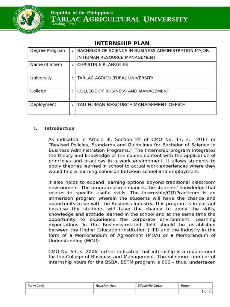 CHRISTINE Revised TAU Internship Plan 1 2 | PDF | Internship | Job Hunting