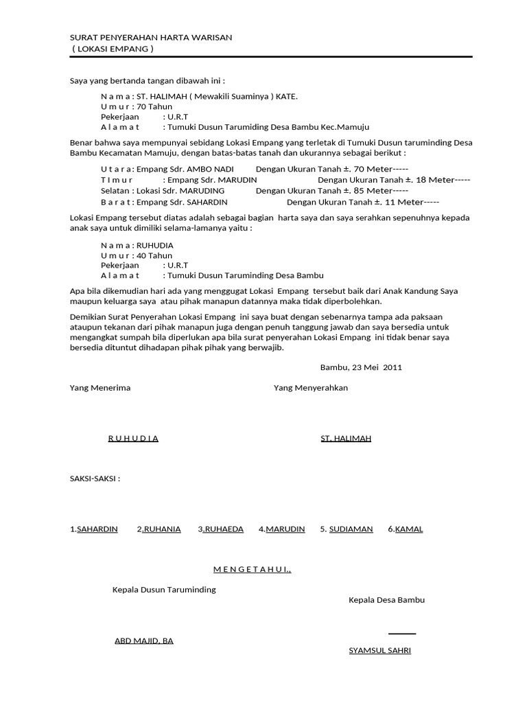 Surat Penyerahan Harta Warisan | PDF