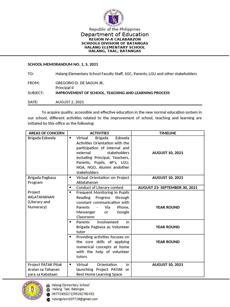 School Memo Pdf Schools Teachers