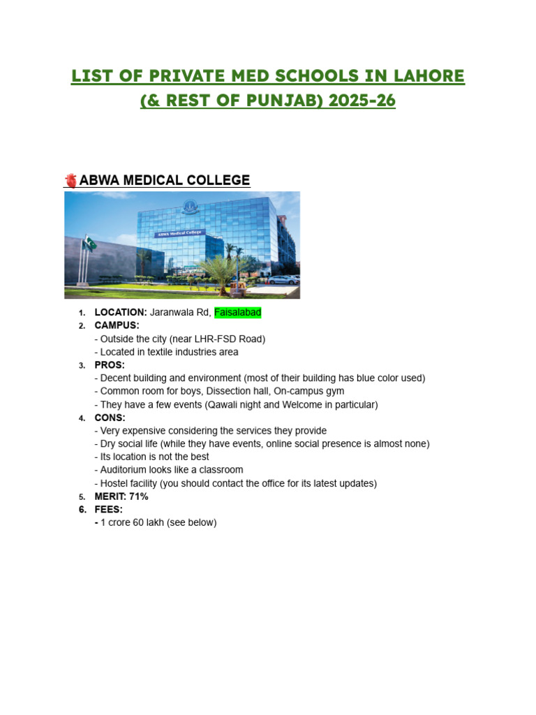 Private Medical Colleges in Punjab 2025-26 | PDF | Cost Of Living