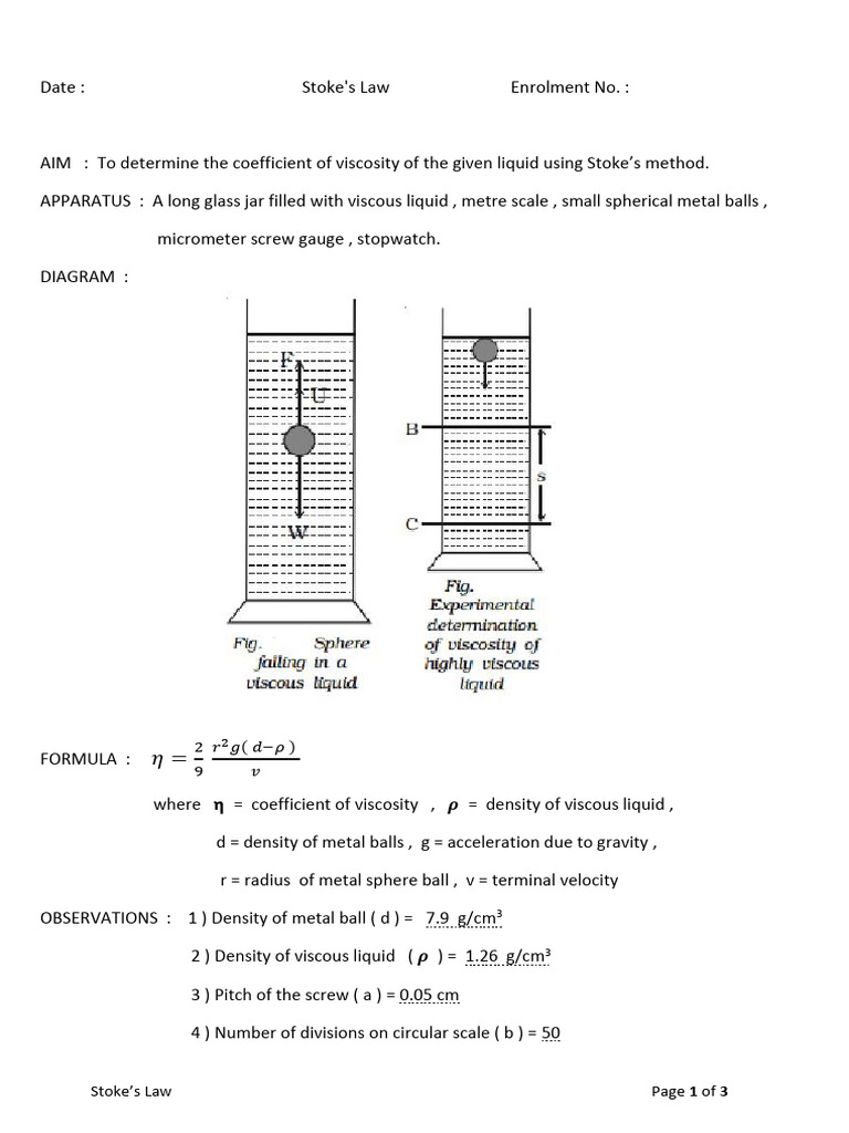 Determine Liquid Viscosity Using Stoke's Law | PDF | Viscosity | Liquids