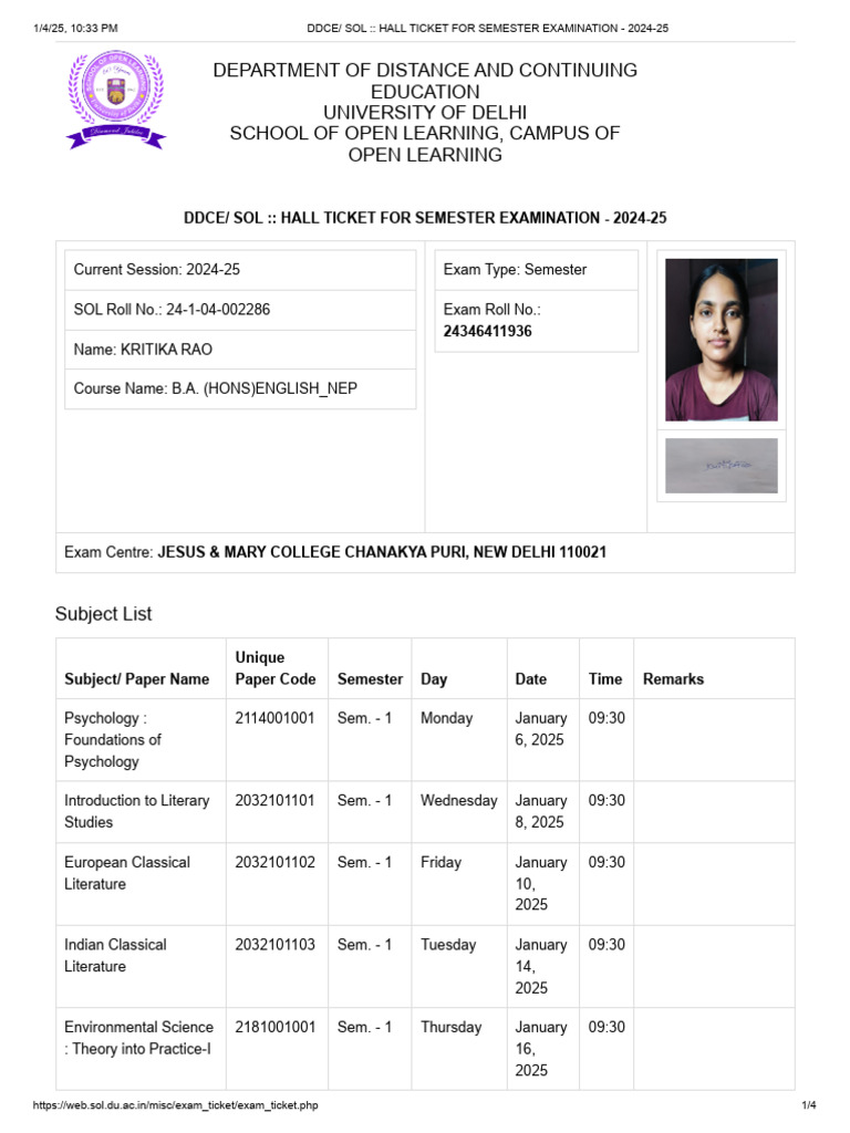 Ddce - Sol - Hall Ticket For Semester Examination - 2024-25 | PDF