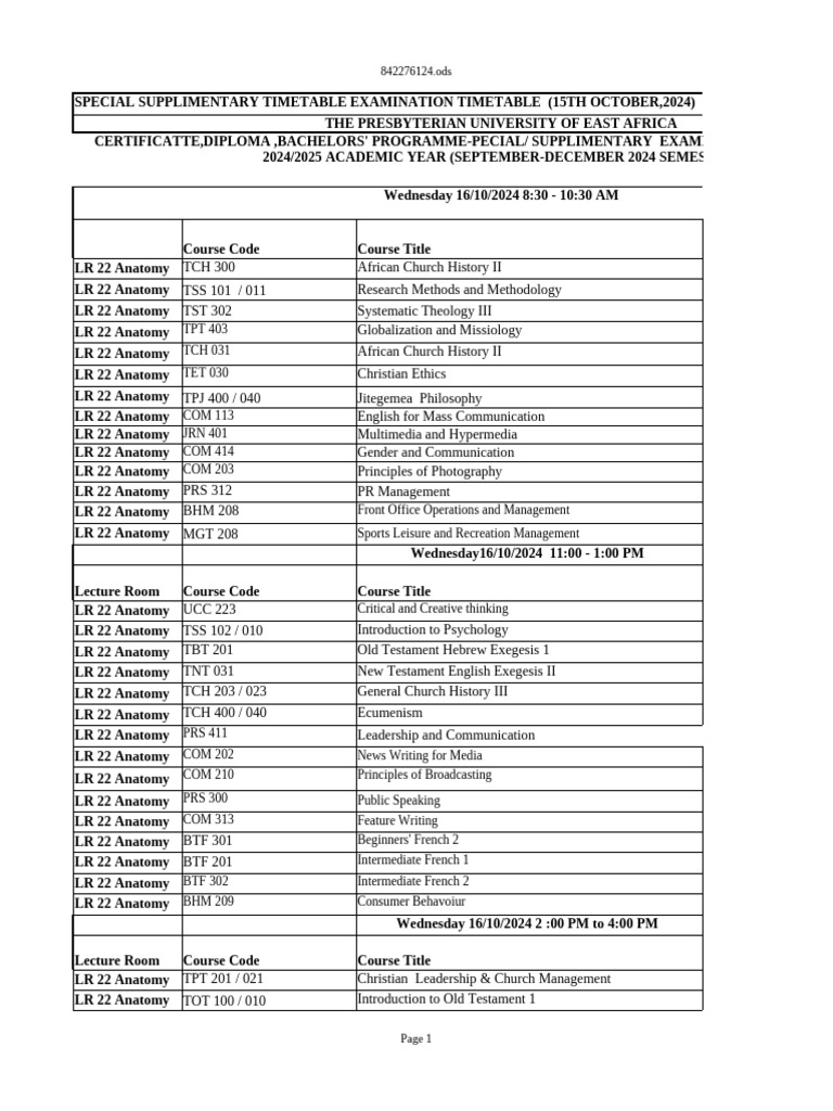 Special &supplementary Examination Timetable (15th October, 2024) | PDF