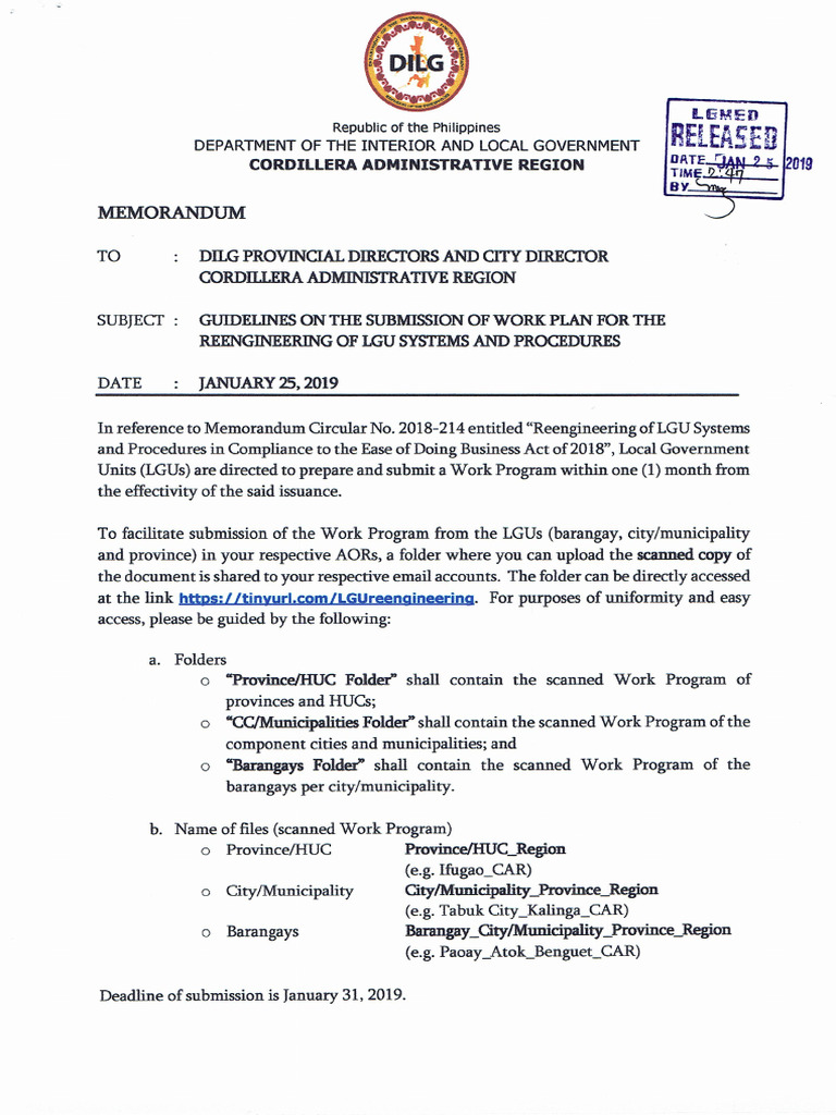 Memo Re Guidelines On The Submission of Work Plan For The Reengineering ...