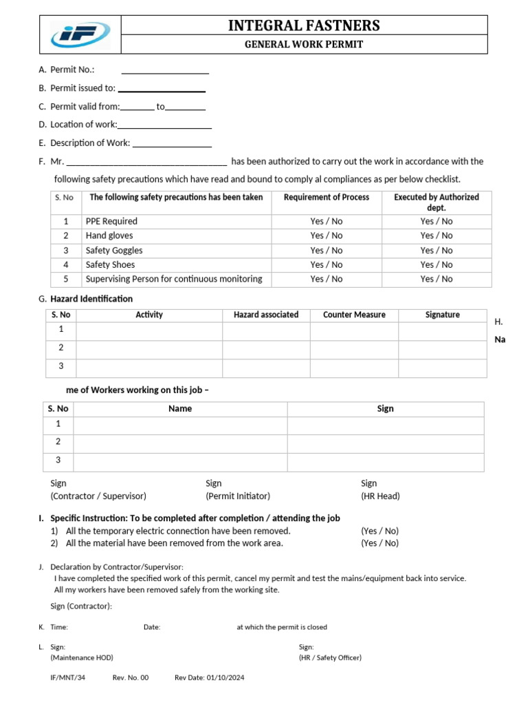 Integral Fasteners Work Permit Template | PDF | Safety | Occupational ...