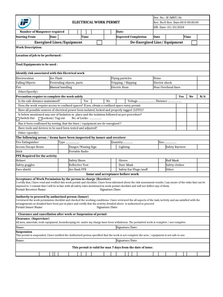 IF-MNT-36 - Electrical Work Permit | PDF | Personal Protective ...