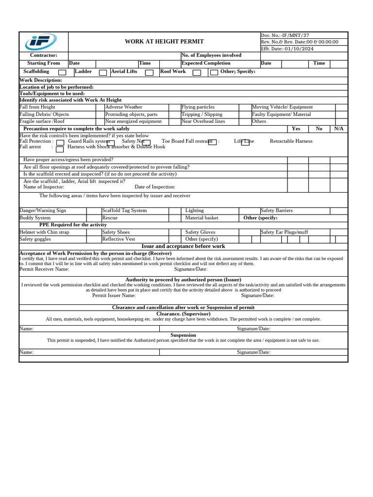 IF-MNT-37 - Height Work Permit | PDF | Safety