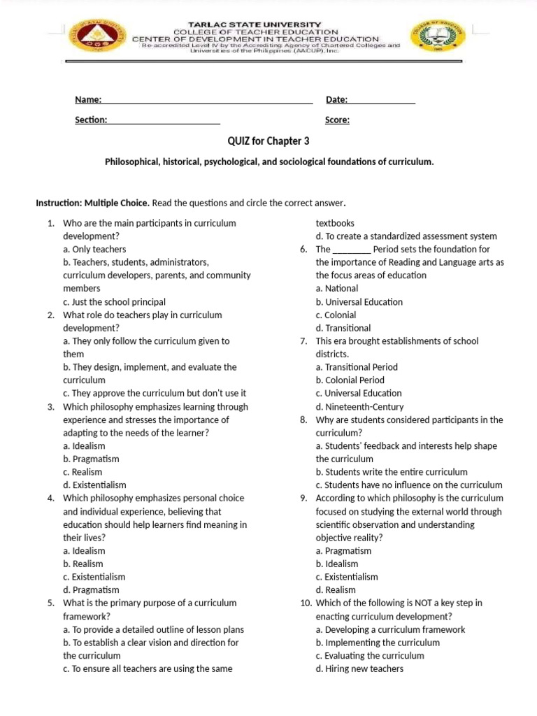 Curriculum Development Quiz Questions | PDF | Curriculum | Pragmatism