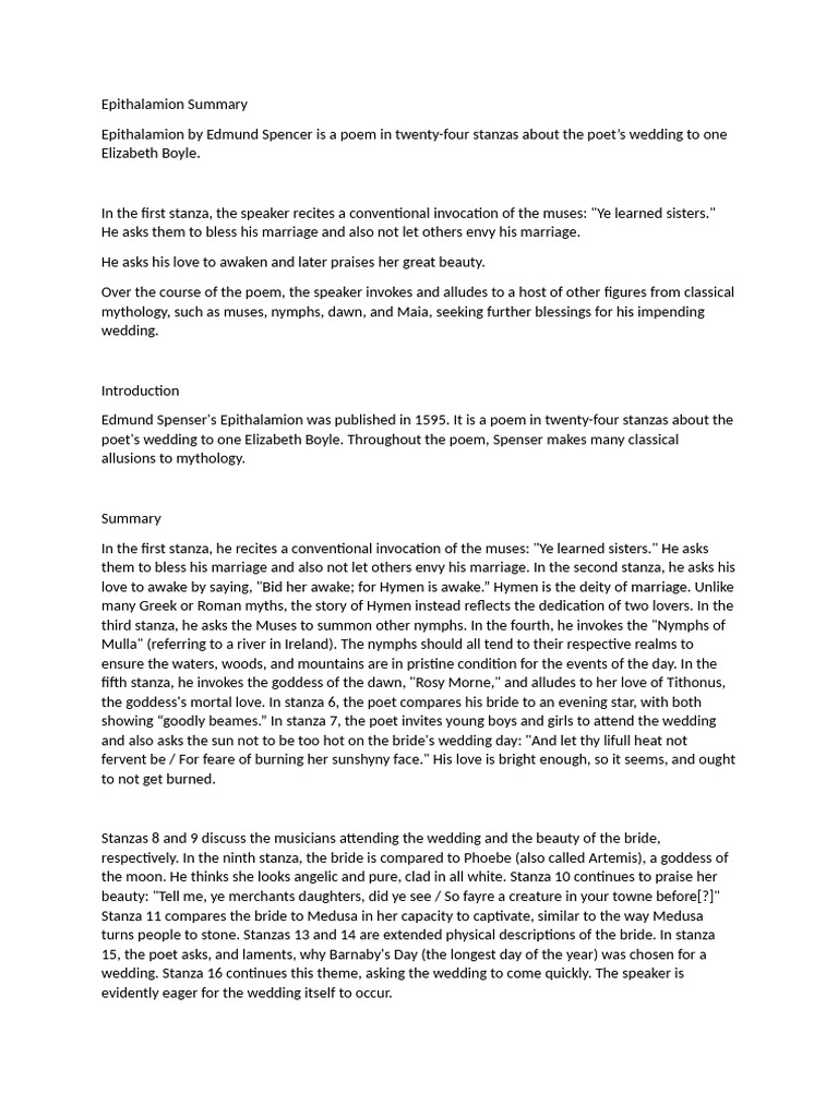 Epithalamion Summary | PDF | Edmund Spenser