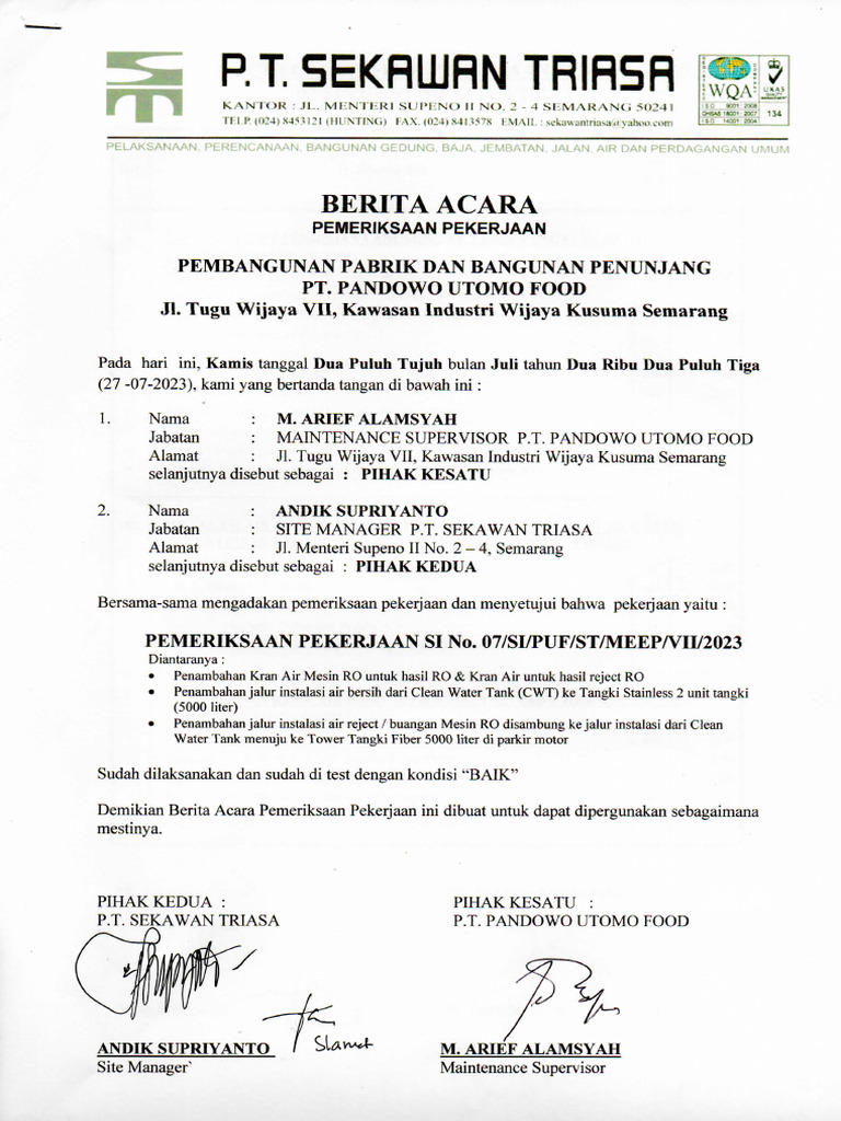 BA Pemeriksaan SI No. 7 Pandowo KIW | PDF