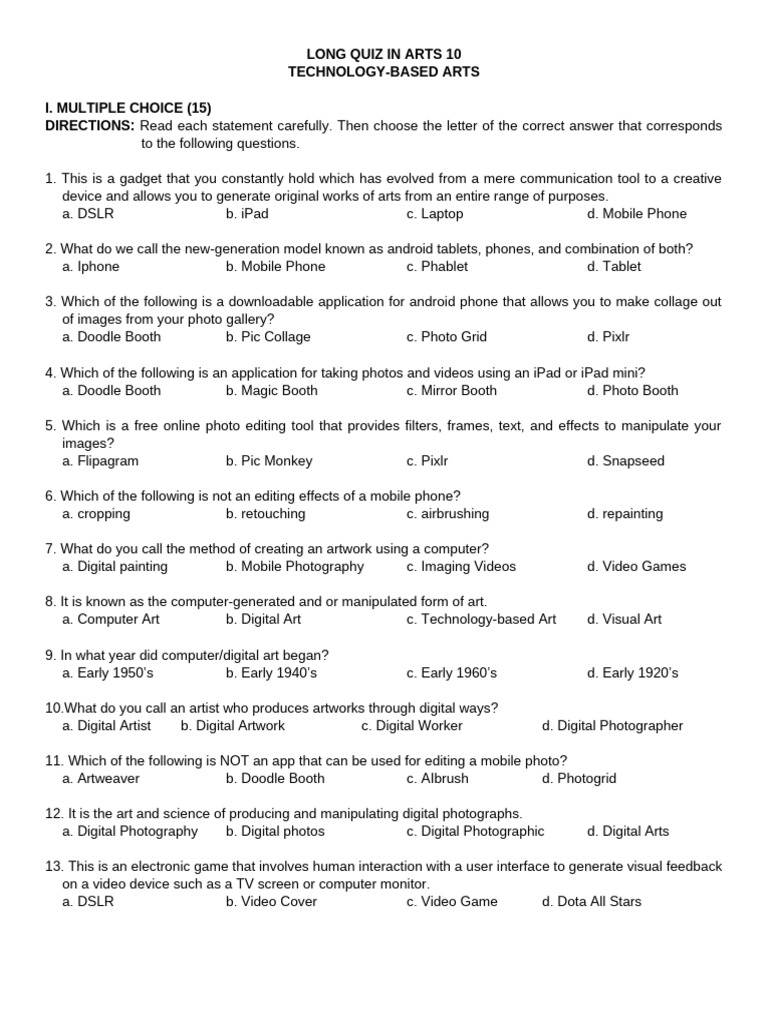 LONG QUIZ IN ARTS 10 | PDF | Digital Photography | I Pad