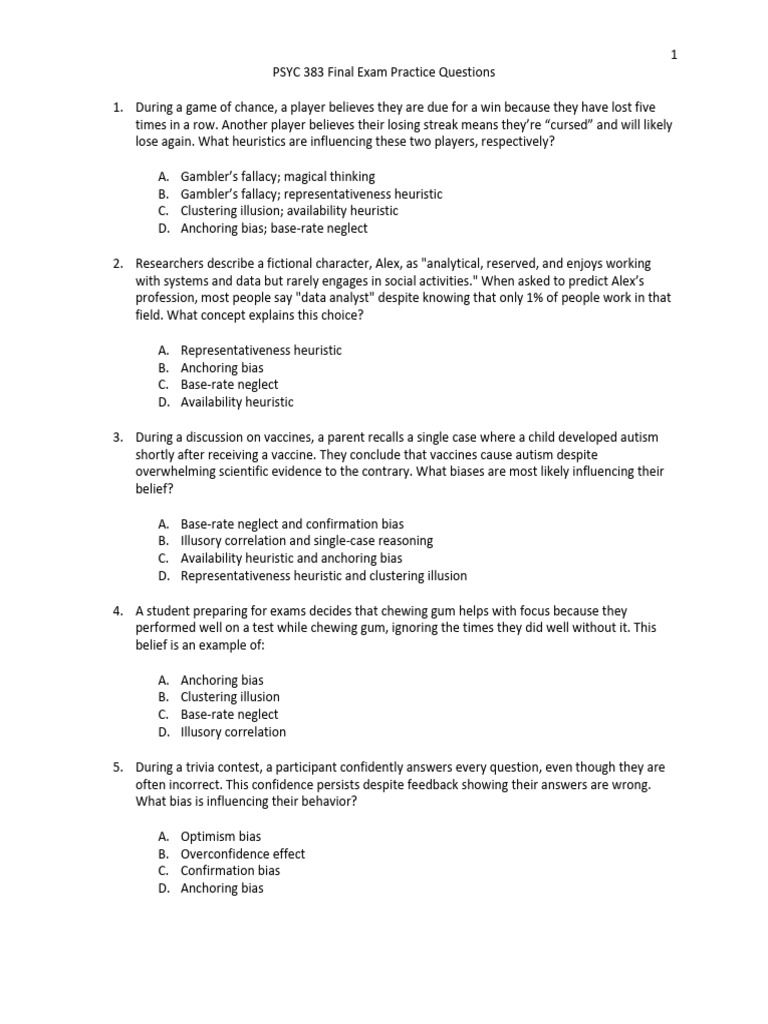 PRACTICEQUESTIONS PSYC383Exam3 | PDF | Representativeness Heuristic | Conspiracy Theory
