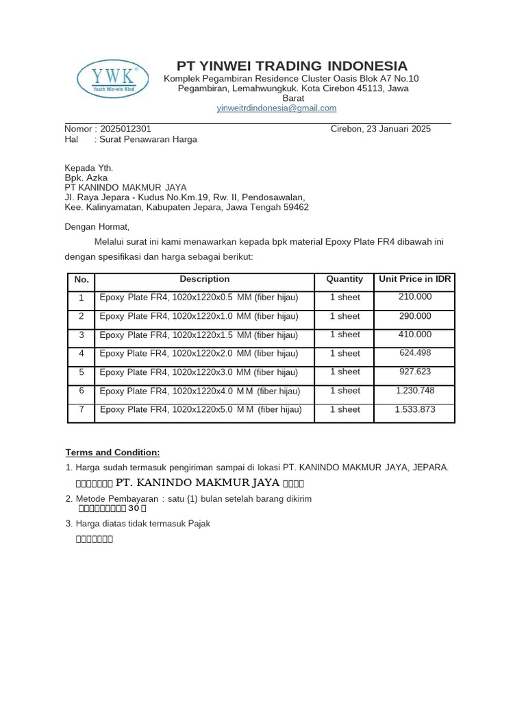 SPH 2025012302 PT Kanindo Green Fiber Price List | PDF