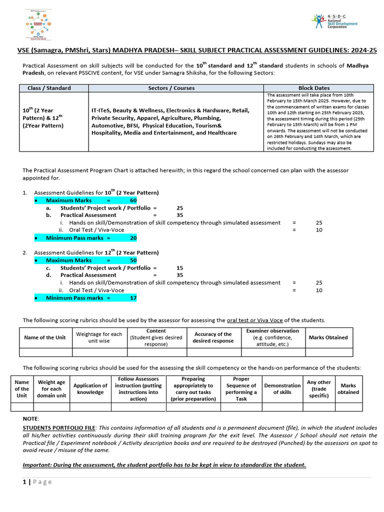 Final Practical Assessment Guidelines - Madhya Pradesh - VSE - 2023-24-112 | PDF | Rubric (Academic)