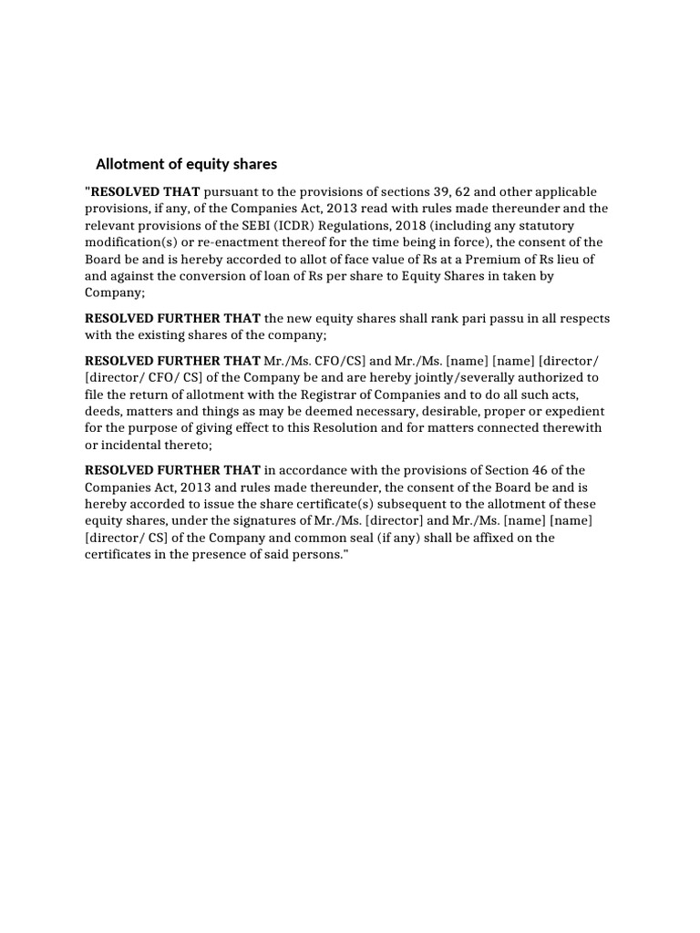 Equity Shares Allotment Resolution | PDF