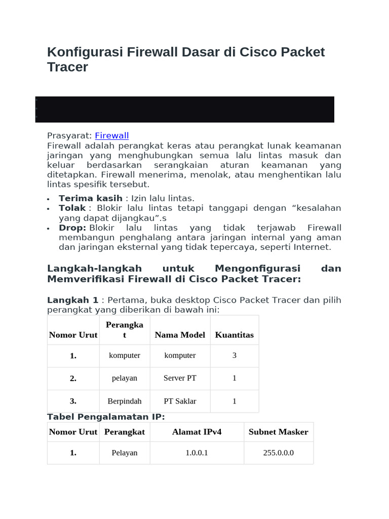 Konfigurasi Firewall Dasar Di Cisco Packet Tracer | PDF